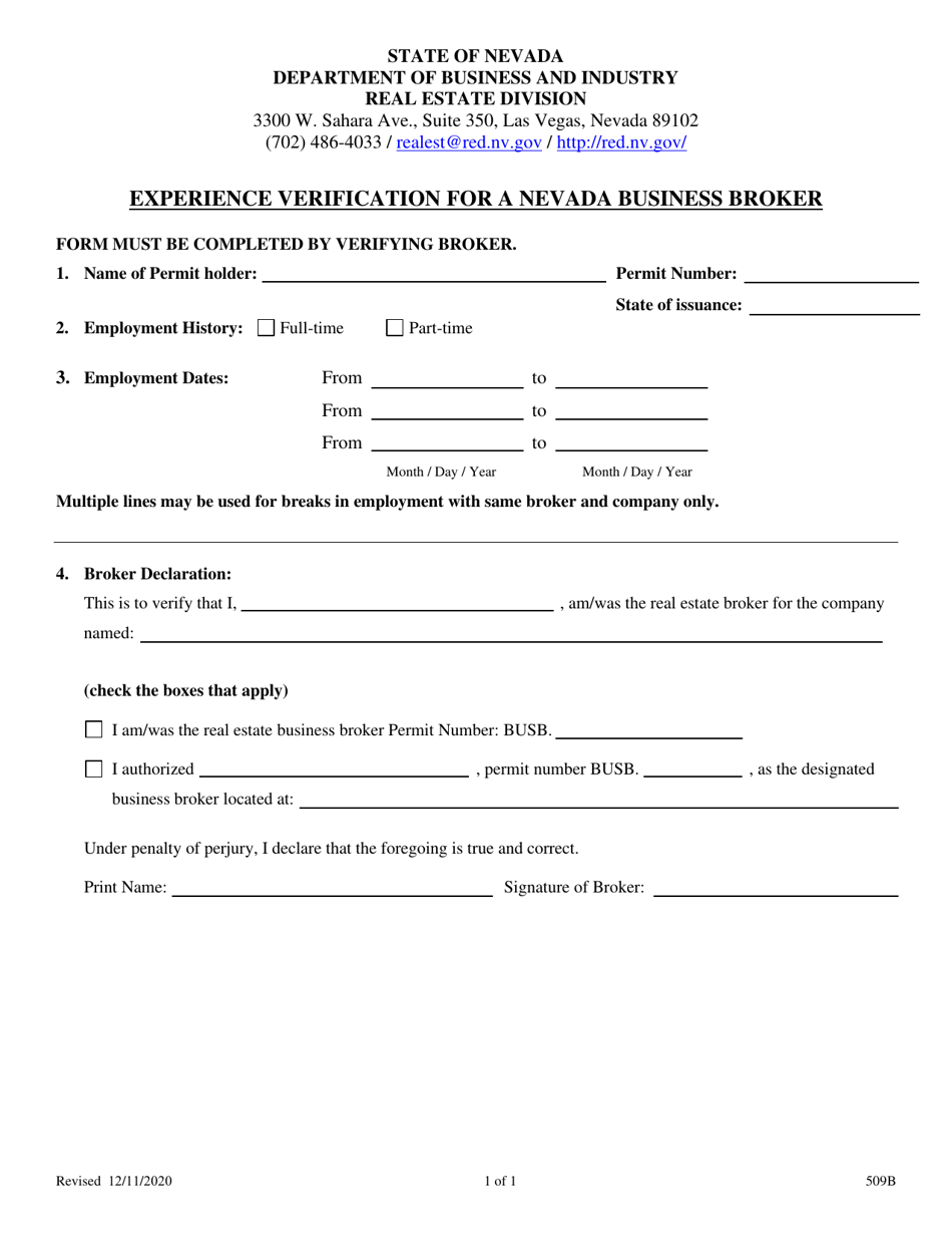 Form 509B Download Fillable PDF or Fill Online Experience Verification ...