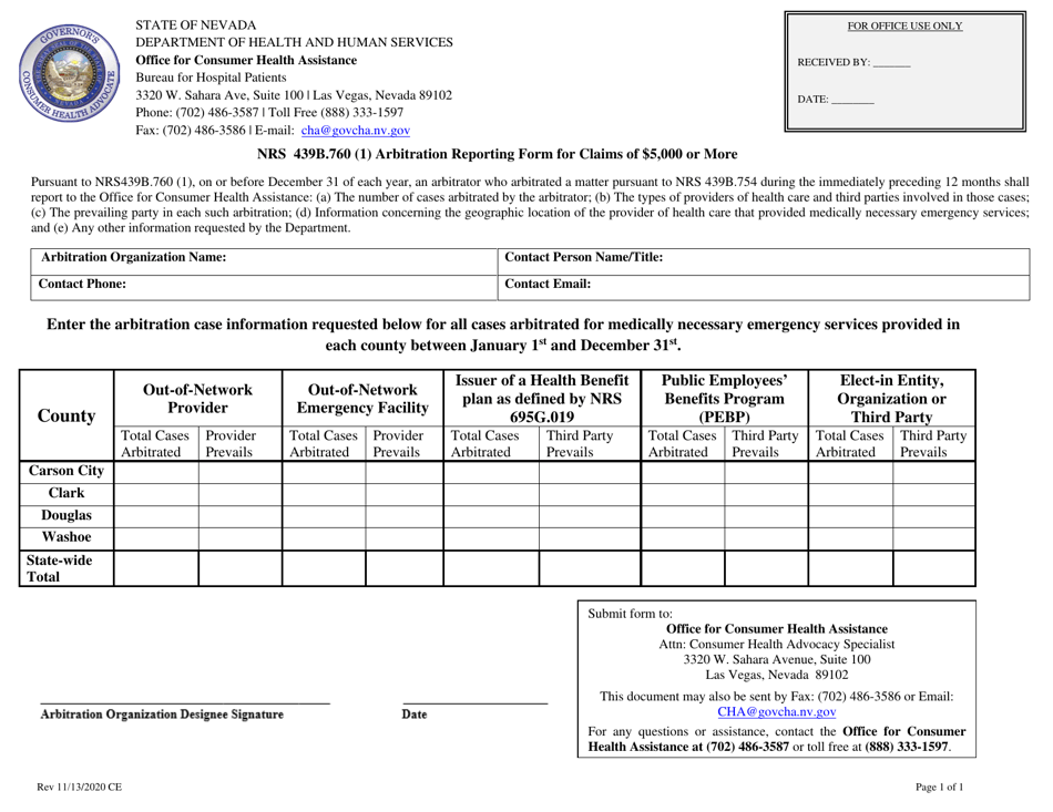 Nevada Nrs 439b.760 (1) Arbitration Reporting Form for Claims of $5,000 ...