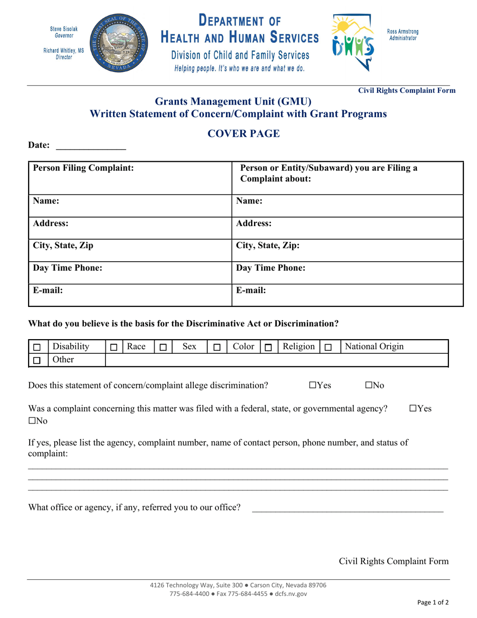 Nevada Written Statement of Concern/Complaint With Grant Programs Cover ...