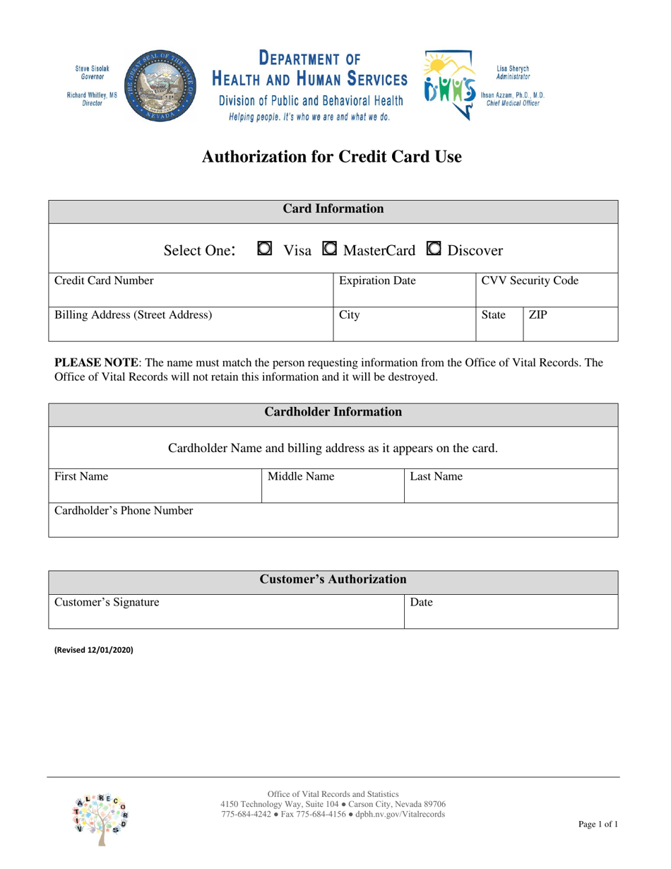 Nevada Authorization for Credit Card Use - Fill Out, Sign Online and ...