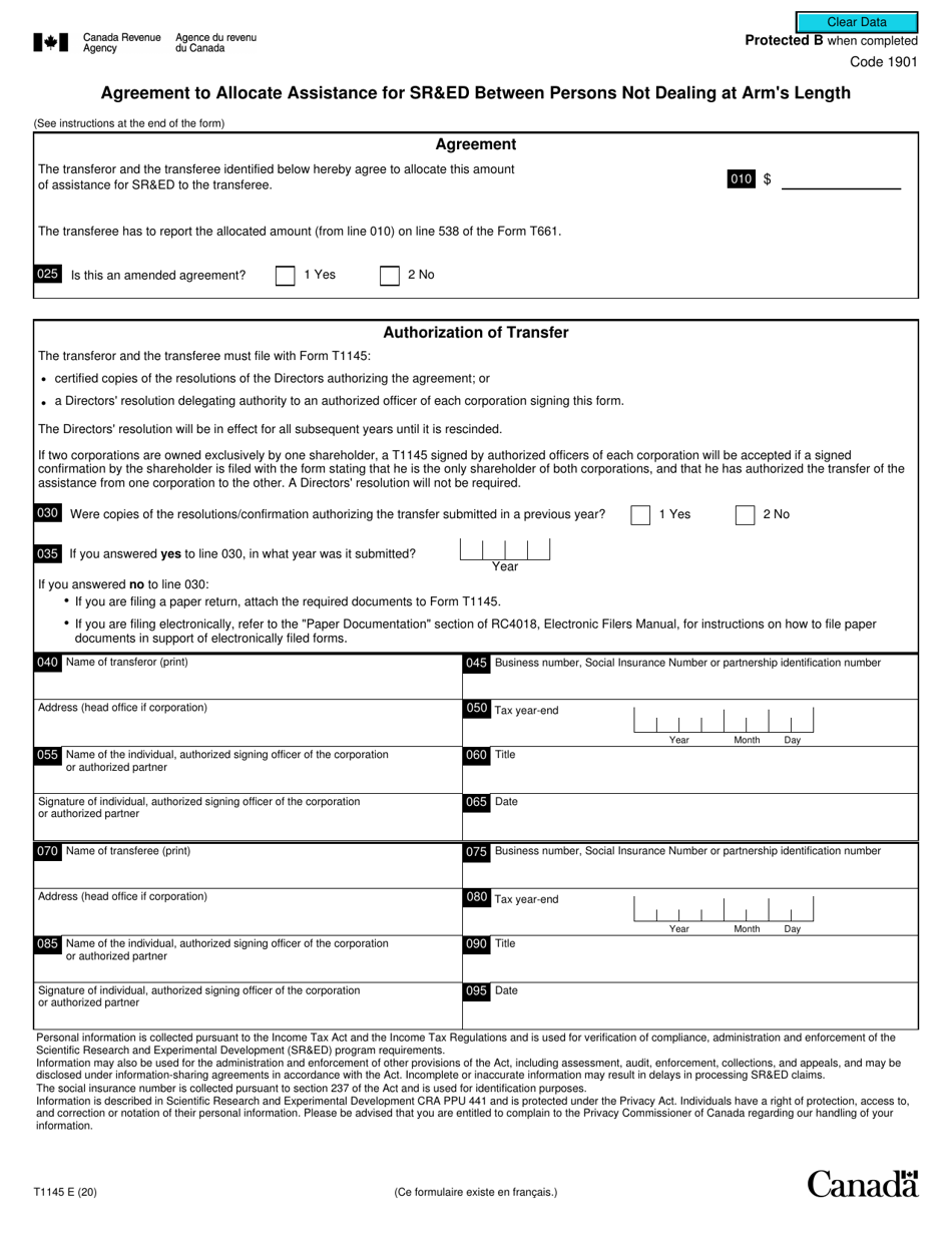 Form T1145 Download Fillable PDF or Fill Online Agreement to Allocate ...