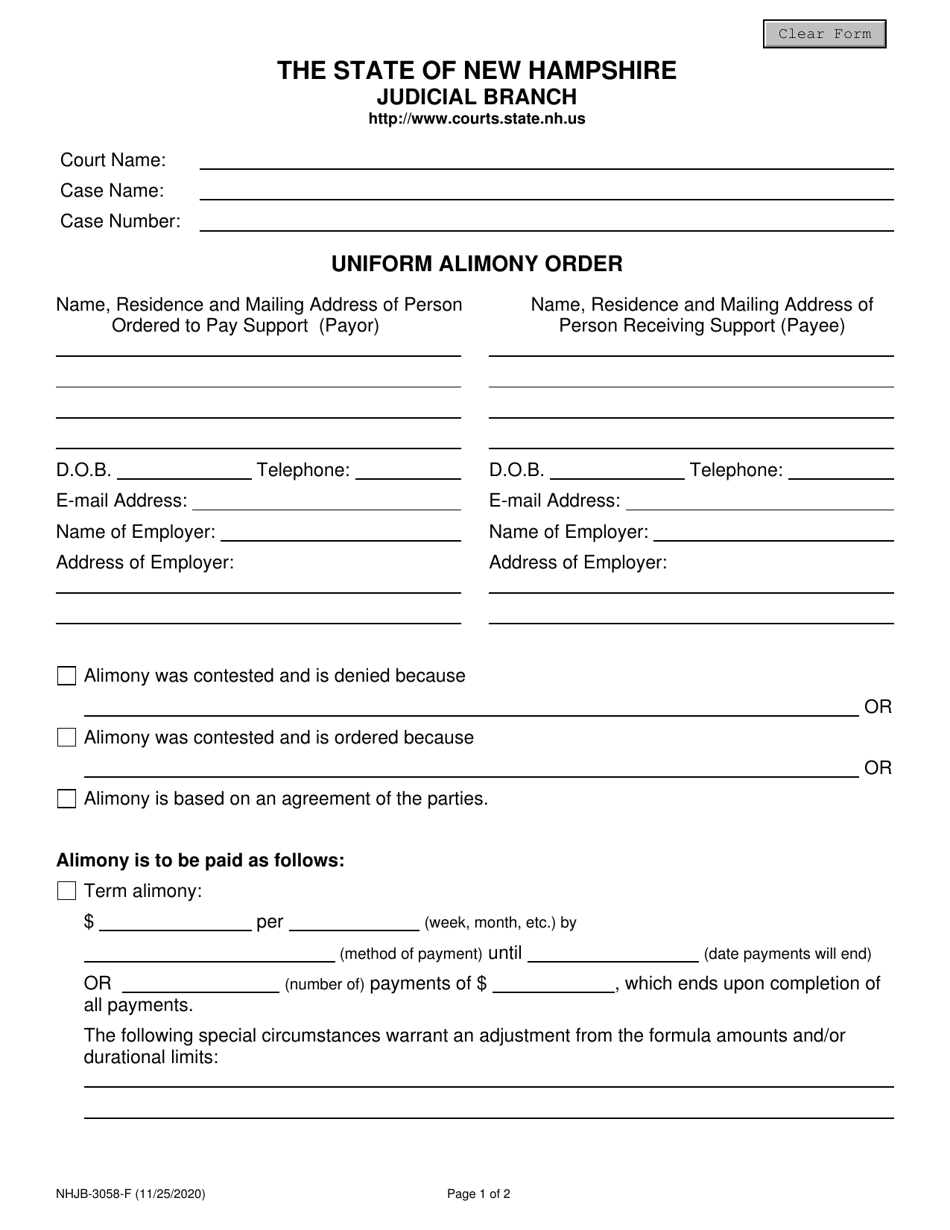 Form NHJB-3058-F Download Fillable PDF or Fill Online Uniform Alimony ...
