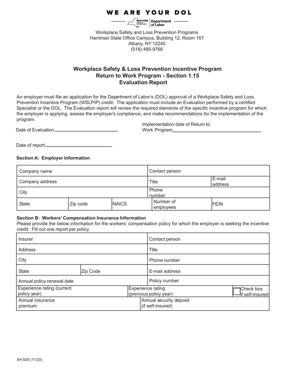 Form SH929 Download Fillable PDF or Fill Online Workplace Safety & Loss ...