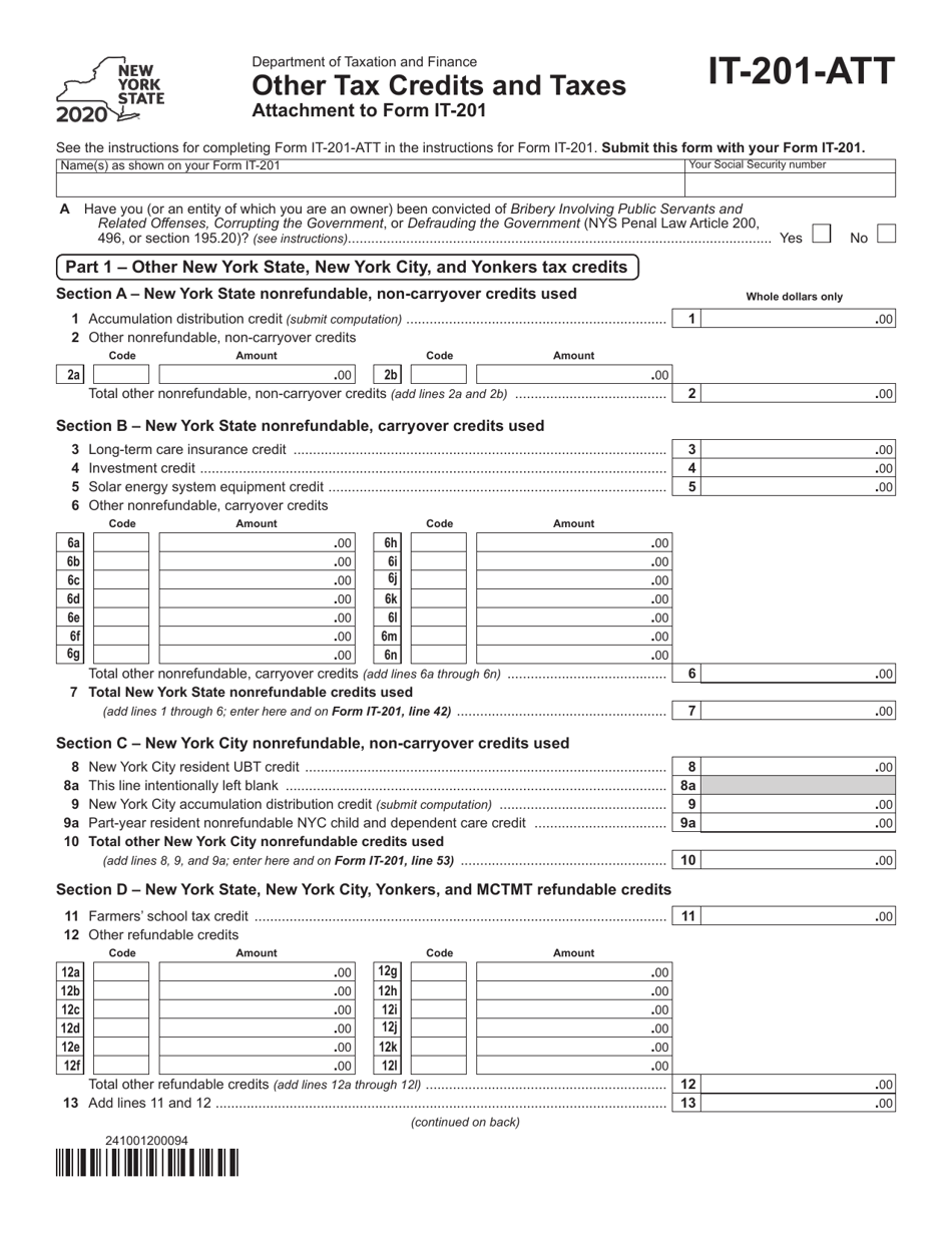 Form IT-201-ATT Download Fillable PDF or Fill Online Other Tax Credits ...