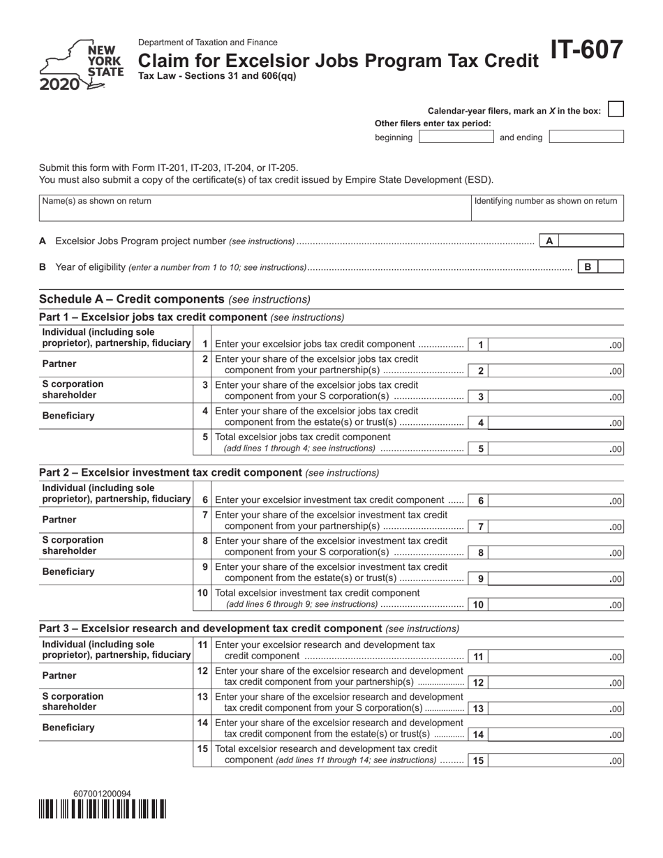 Form IT-607 Download Fillable PDF or Fill Online Claim for Excelsior ...