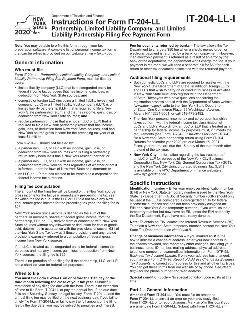 Download Instructions for Form IT-204-LL Partnership, Limited Liability ...