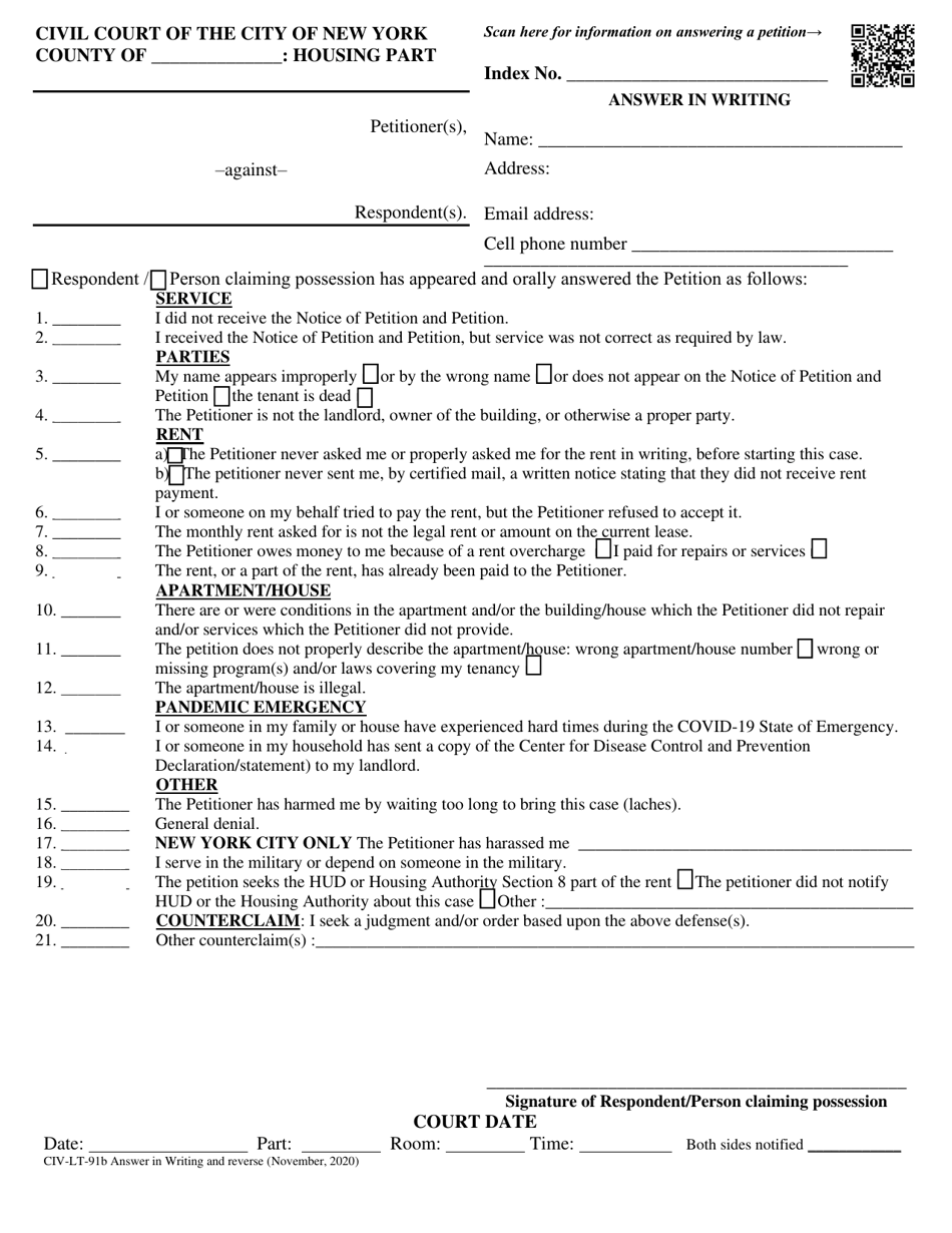 Form CIV-LT-91B Download Fillable PDF or Fill Online Answer in Writing ...