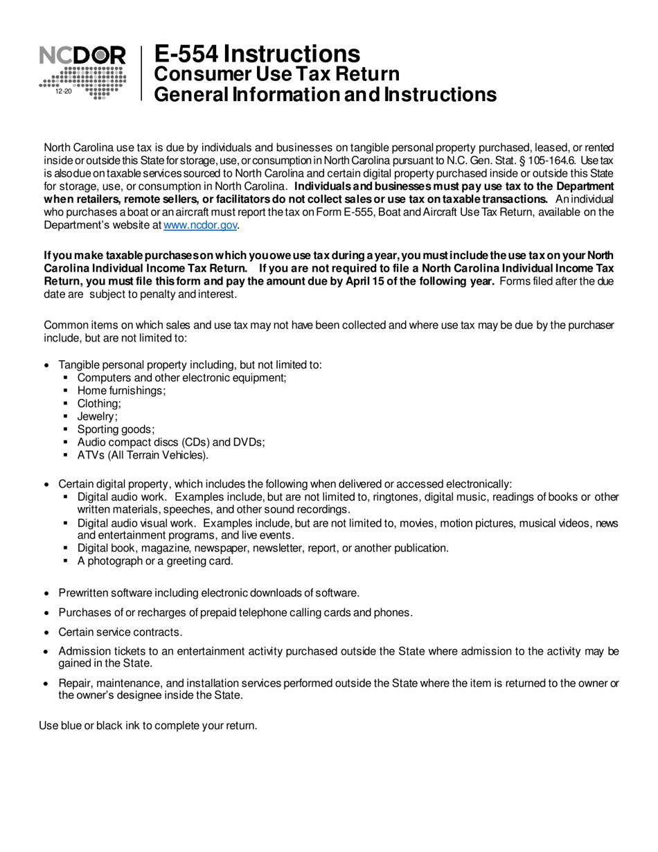 Download Instructions for Form E-554 Consumer Use Tax Return PDF ...