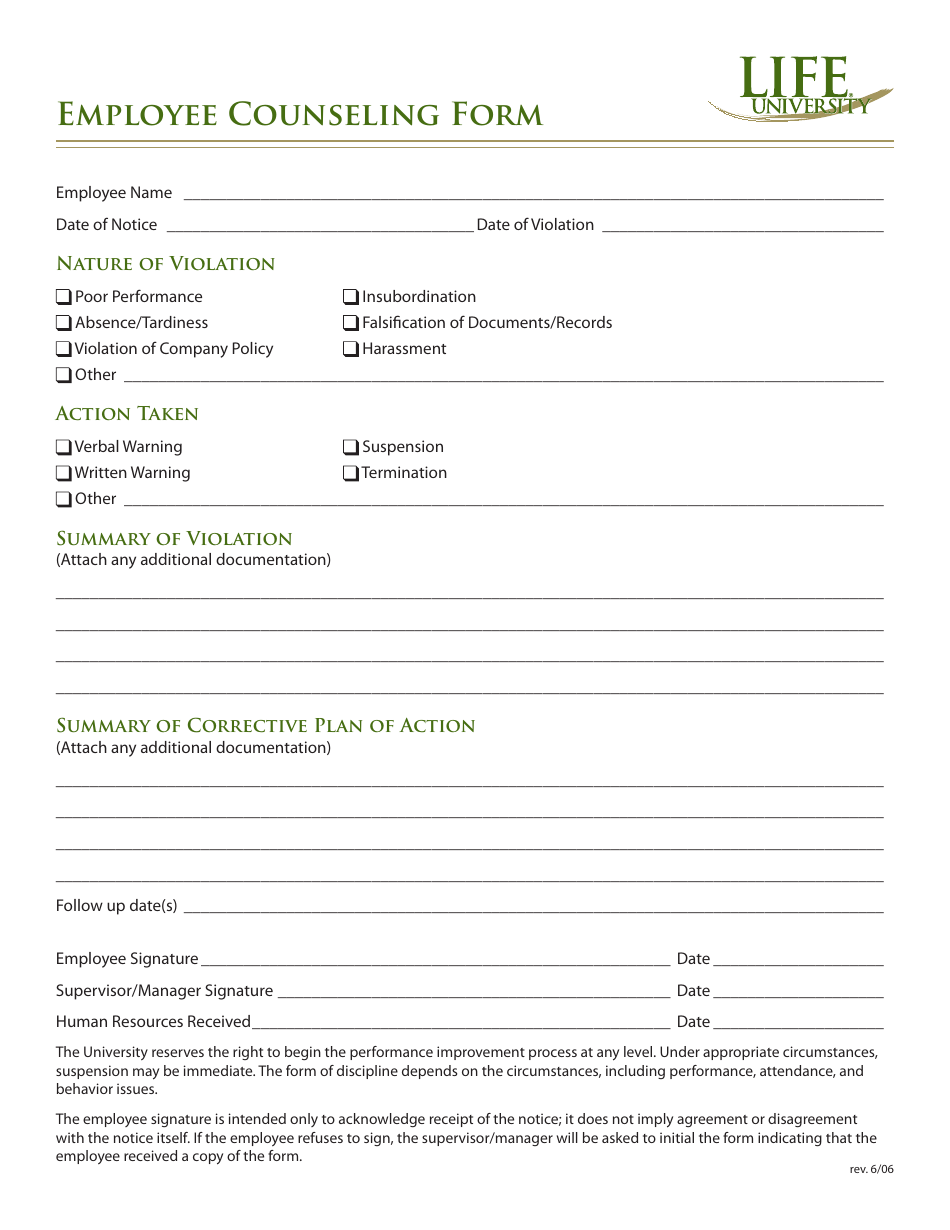 Employee Counseling Form - Life University - Fill Out, Sign Online and ...