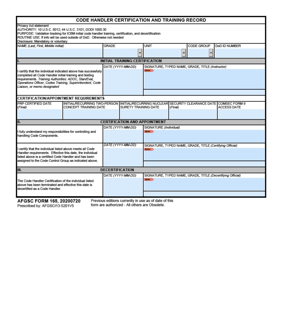 AFGSC Form 165 Download Fillable PDF or Fill Online Code Handler ...