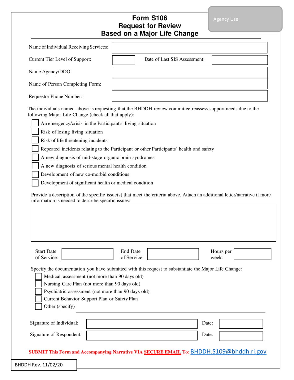 Form S106 - Fill Out, Sign Online and Download Fillable PDF, Rhode ...