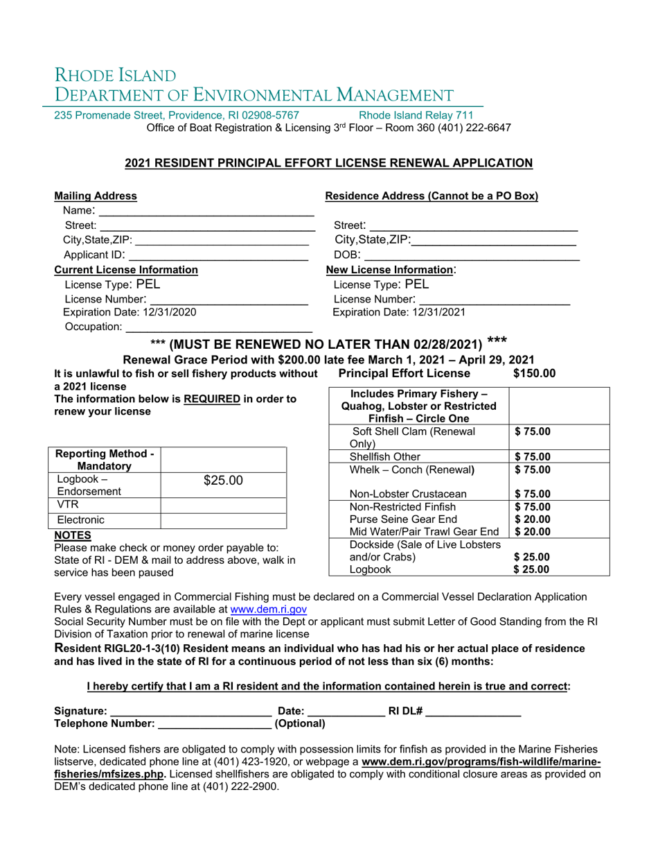 2021 Rhode Island Resident Principal Effort License Renewal Application ...