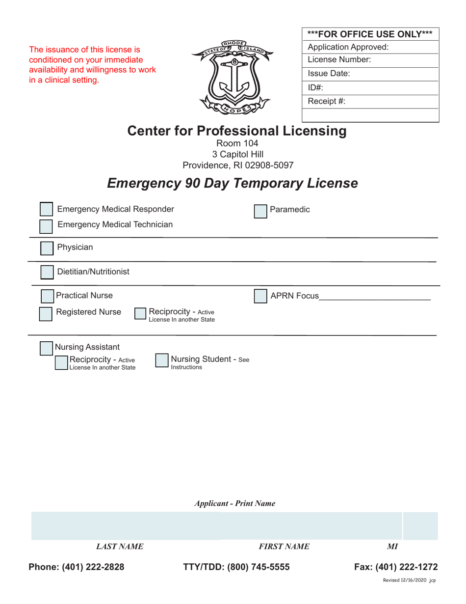Rhode Island Emergency 90 Day Temporary License Application Download ...