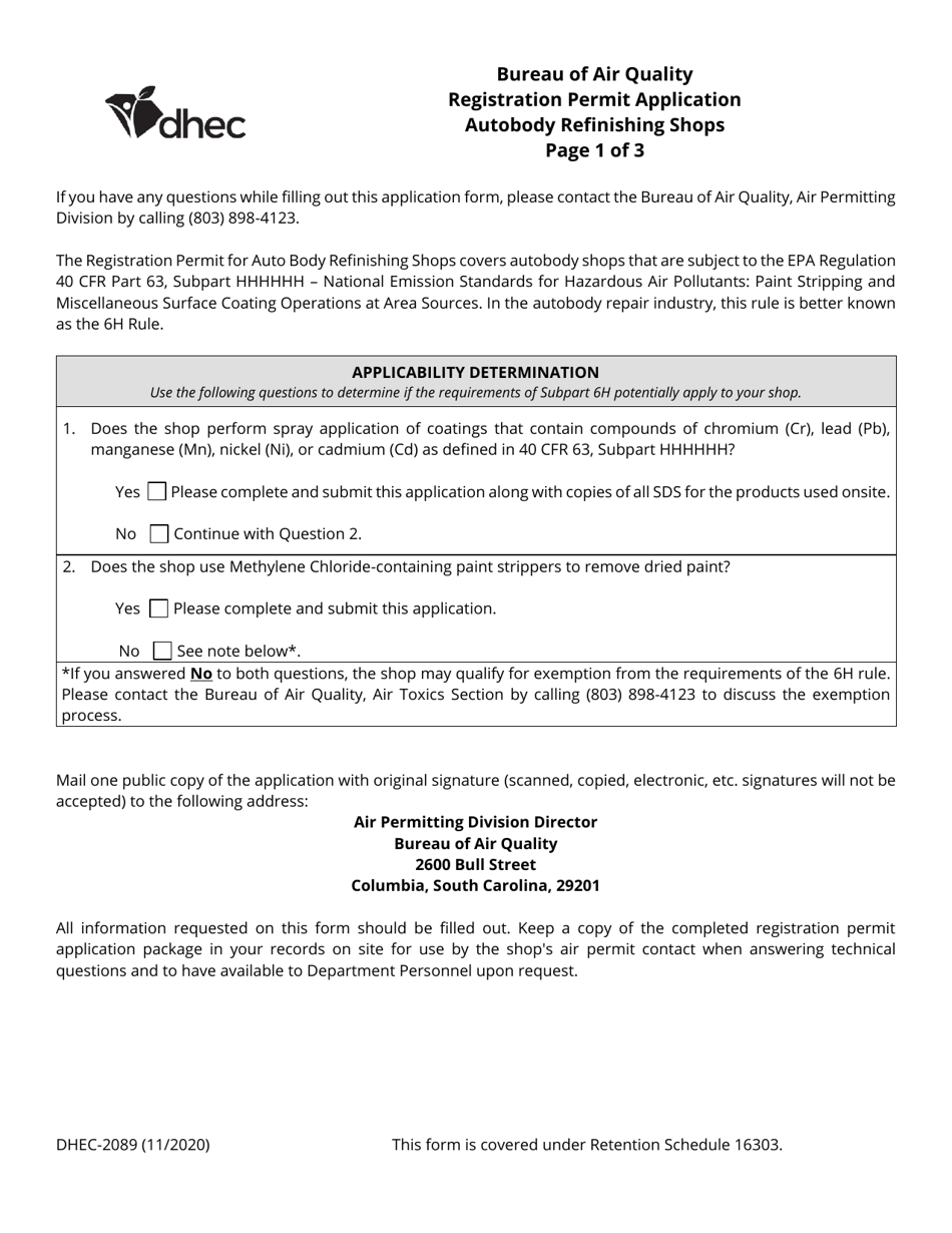 DHEC Form 2089 Download Printable PDF or Fill Online Registration ...