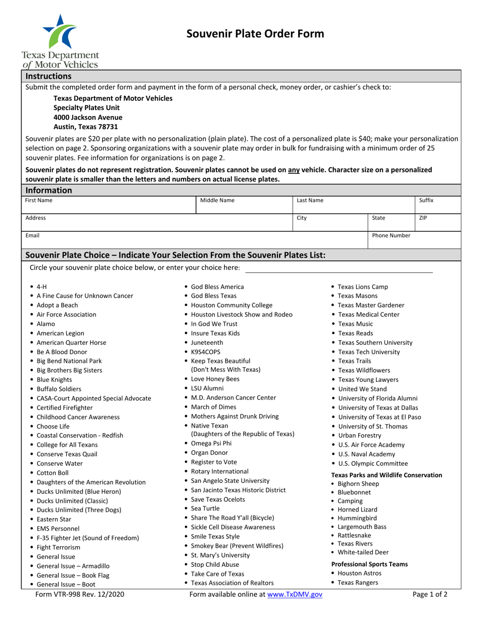 Form VTR-998 - Fill Out, Sign Online and Download Fillable PDF, Texas ...