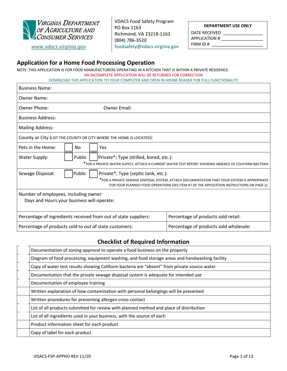 Form VDACS-FSP-APPHO - Fill Out, Sign Online and Download Fillable PDF ...