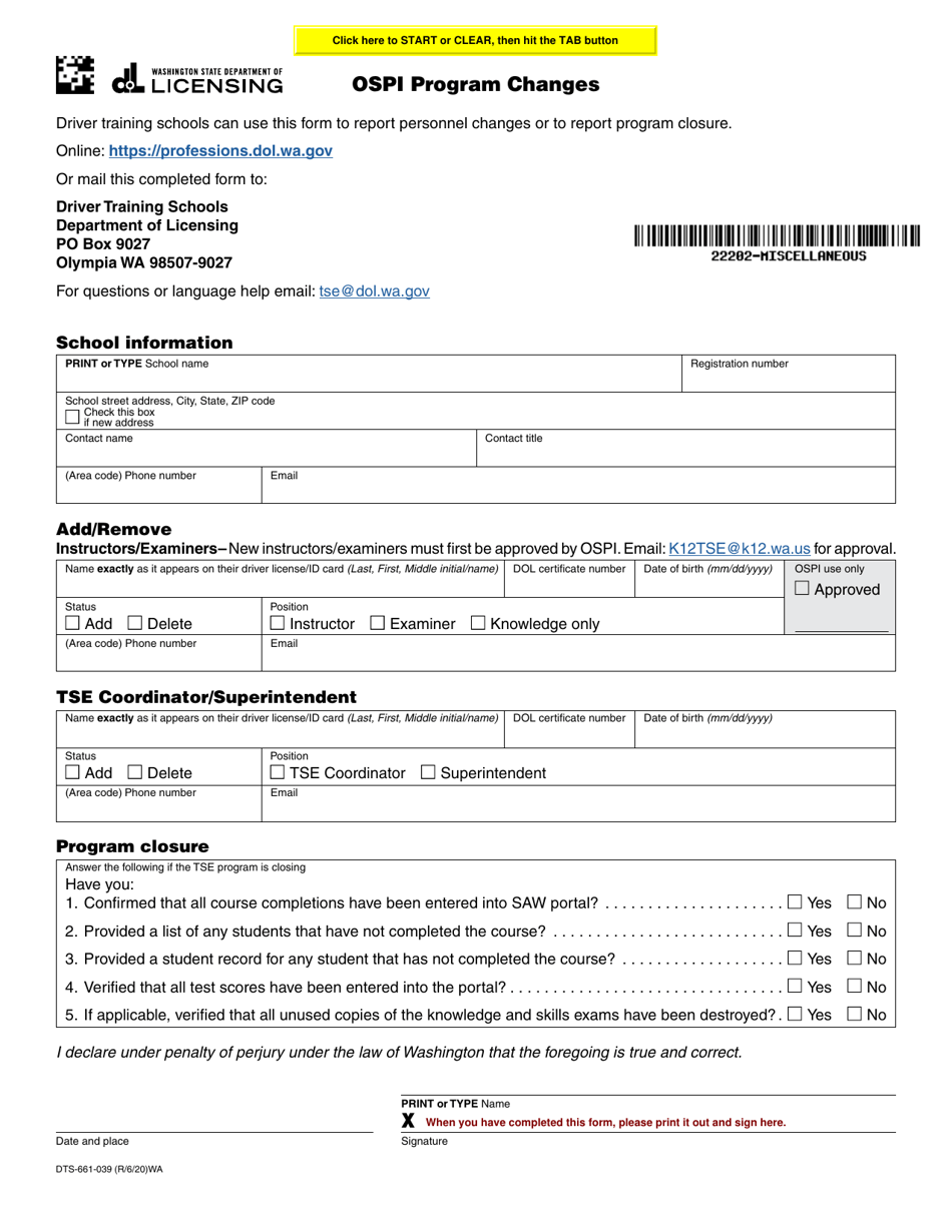 Form DTS-661-039 Download Fillable PDF or Fill Online Ospi Program ...
