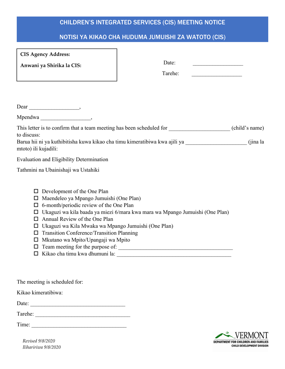 Vermont Children's Integrated Services (Cis) Meeting Notice (English ...