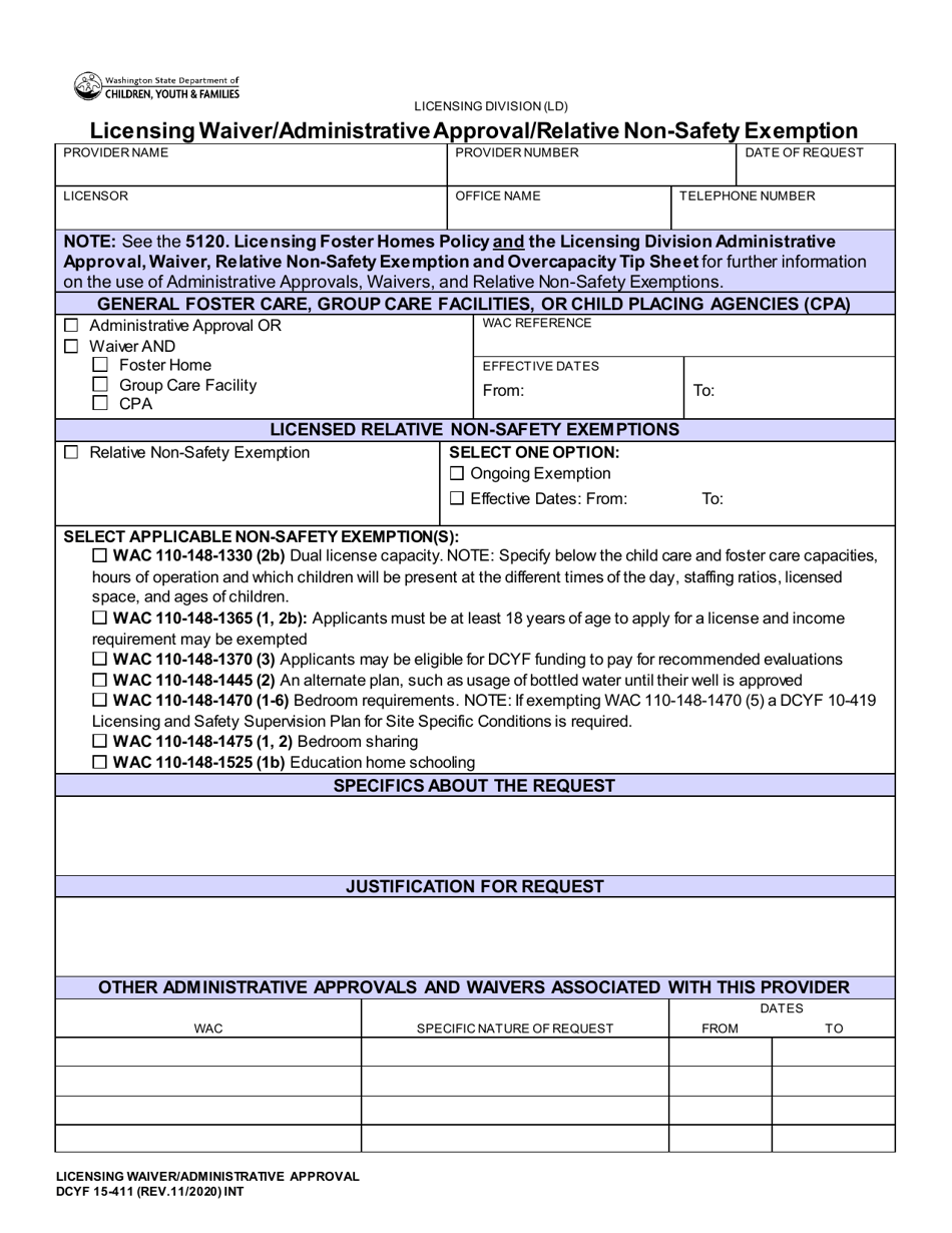 DCYF Form 15-411 Download Fillable PDF or Fill Online Licensing Waiver ...