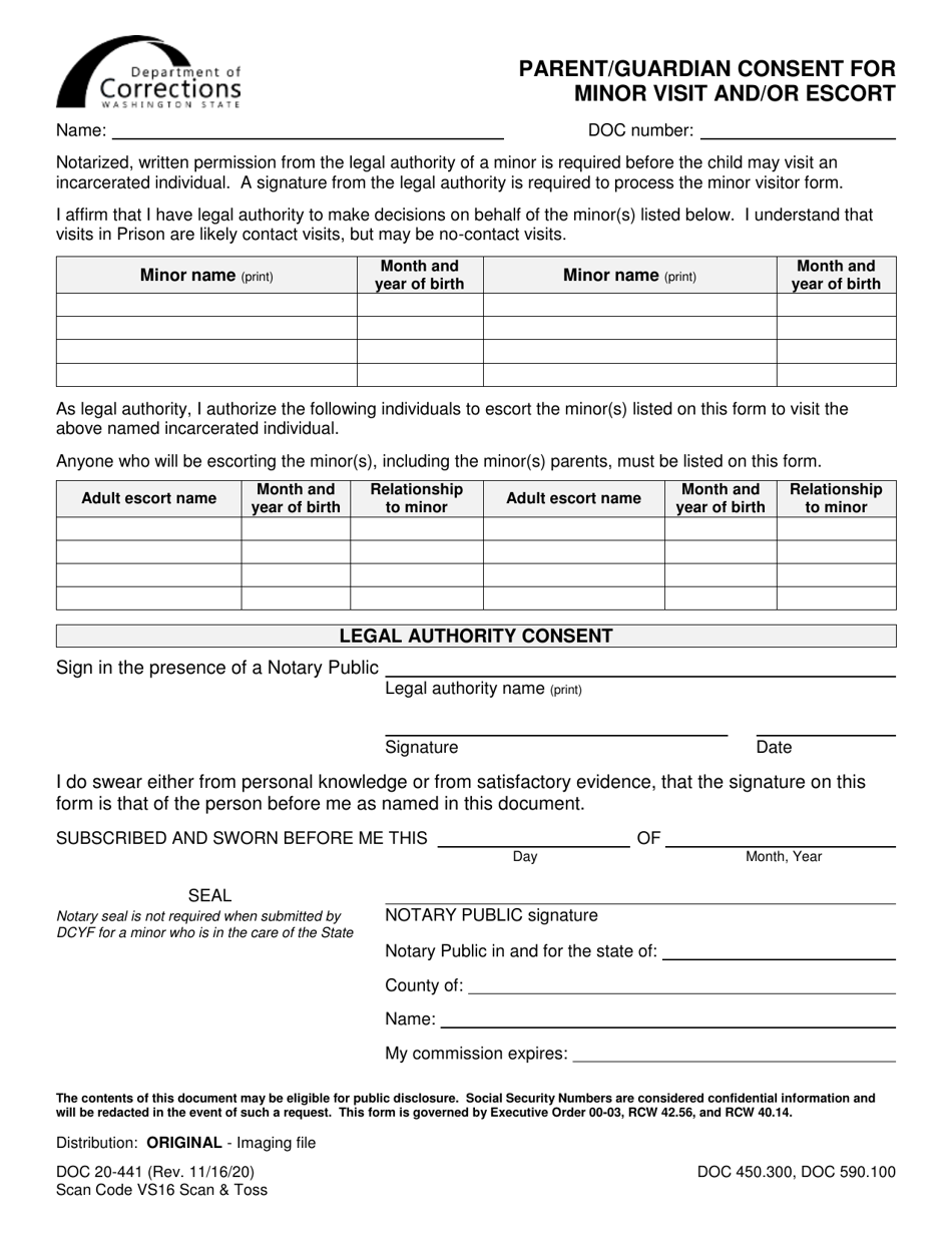 Form DOC20-441 Download Printable PDF or Fill Online Parent/Guardian ...