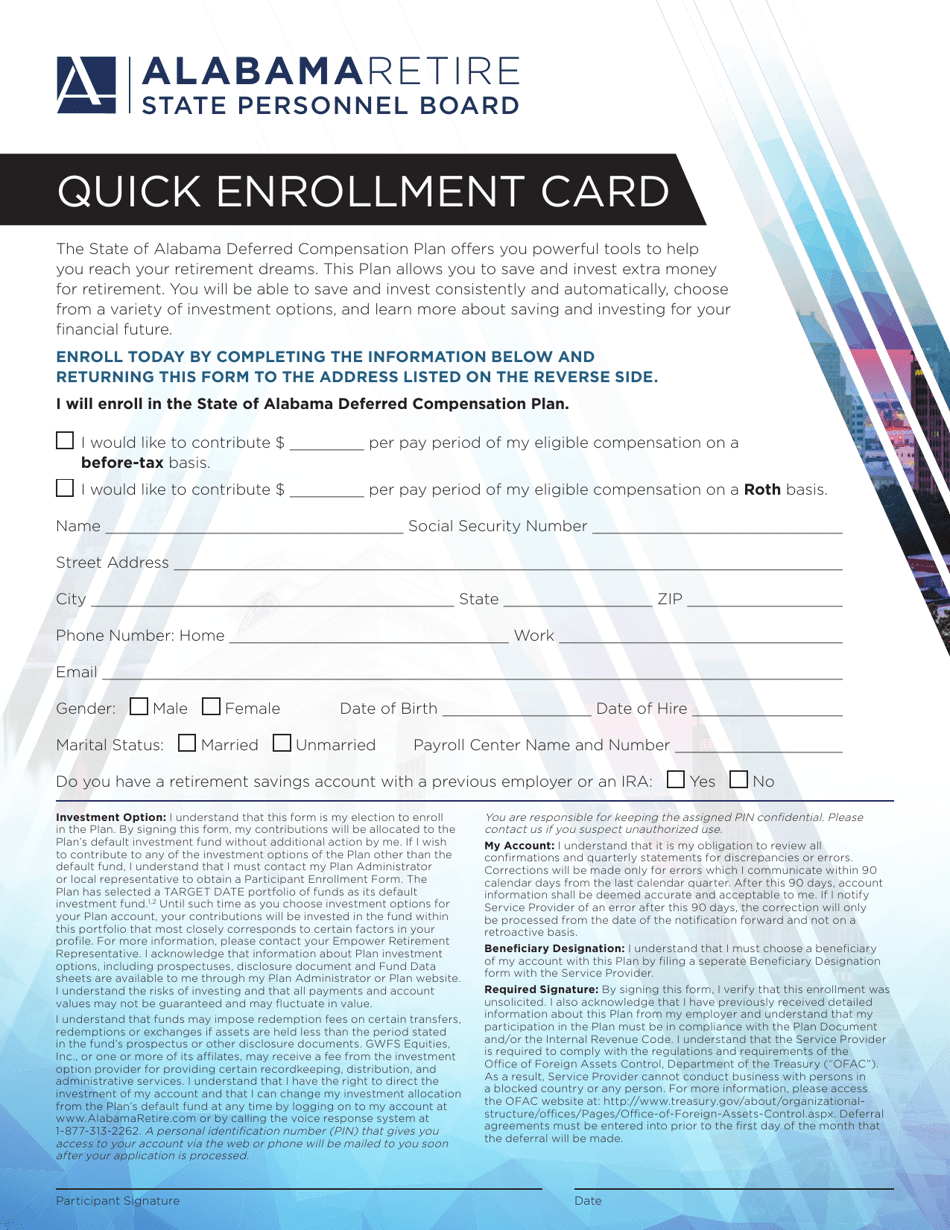 Alabama Quick Enrollment Card Download Printable PDF | Templateroller
