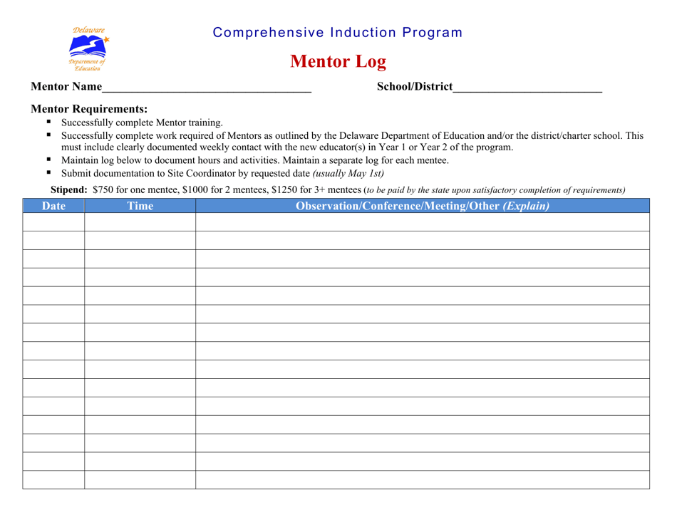 Delaware Mentor Log - Fill Out, Sign Online and Download PDF ...