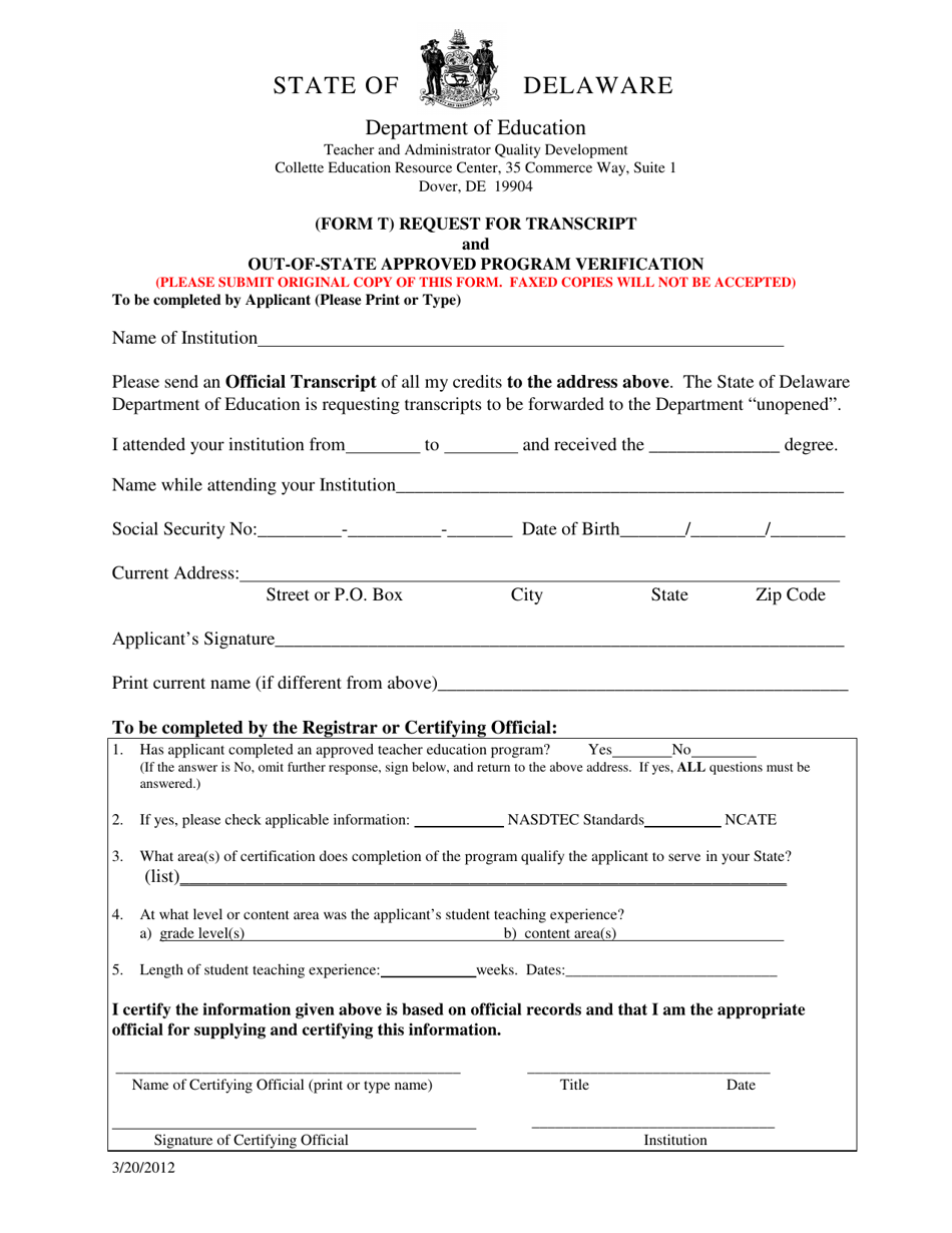 Form T - Fill Out, Sign Online and Download Printable PDF, Delaware ...