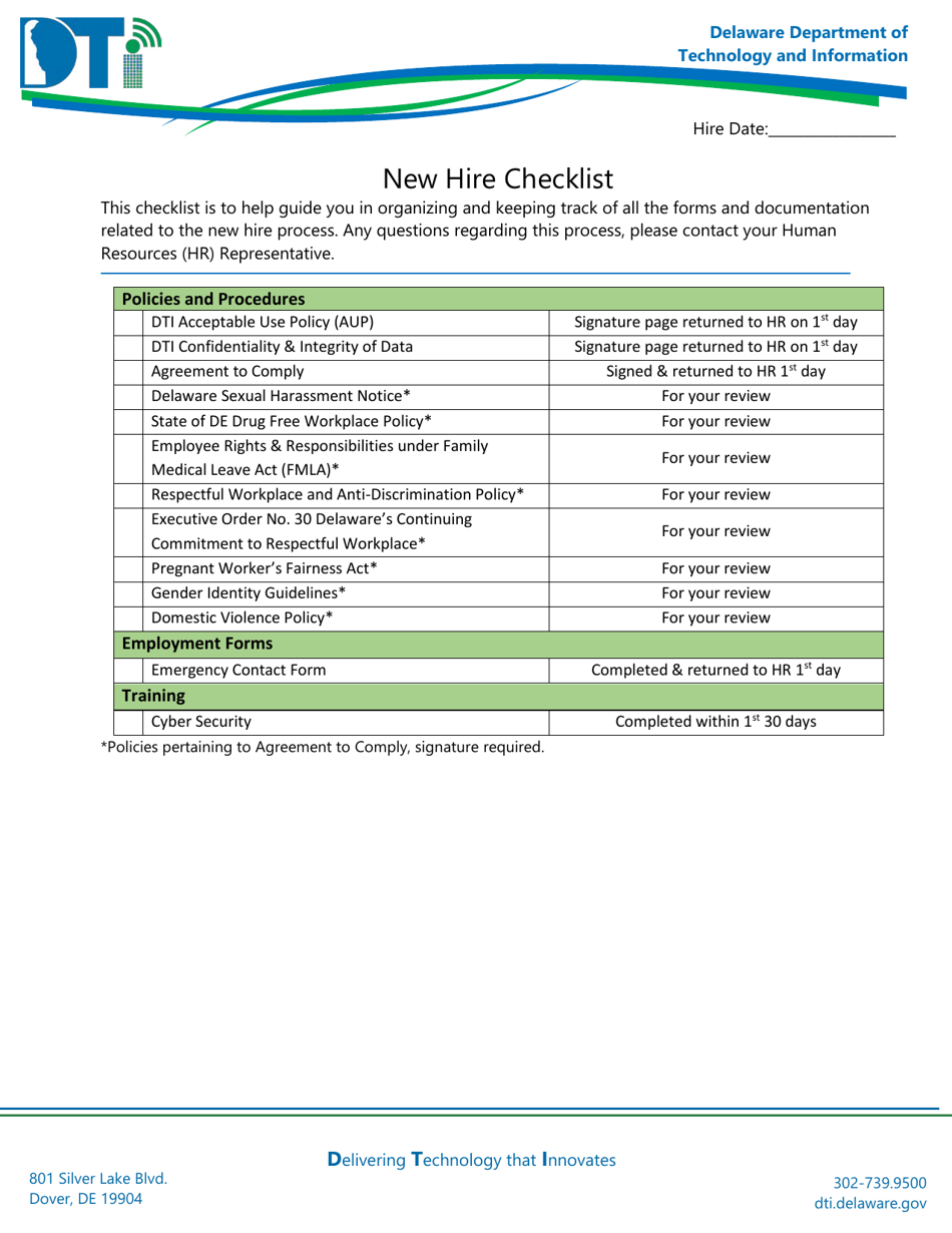 Delaware New Hire Checklist - Contractor - Fill Out, Sign Online and ...
