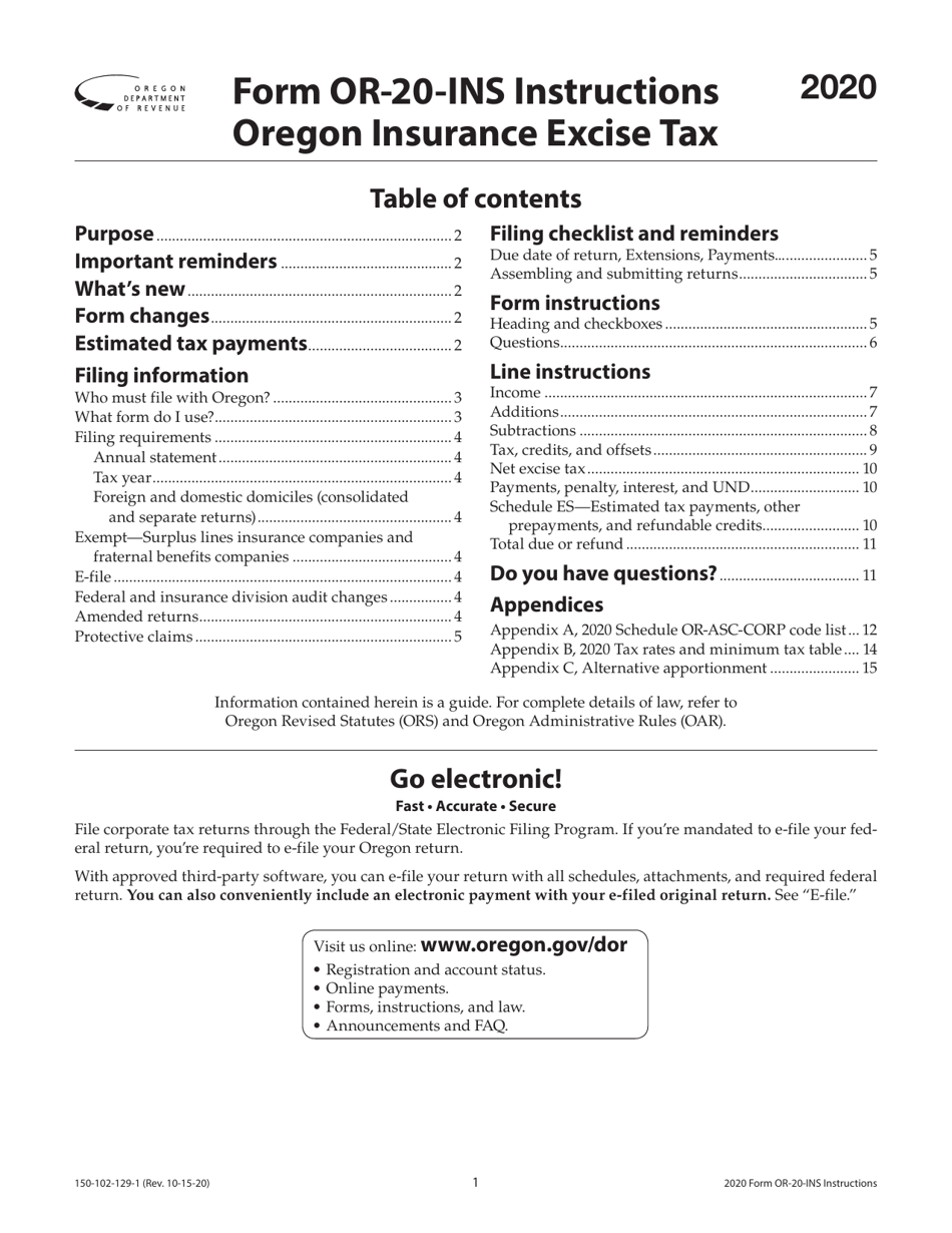 Download Instructions for Form OR-20-INS, 150-102-129 Oregon Insurance ...