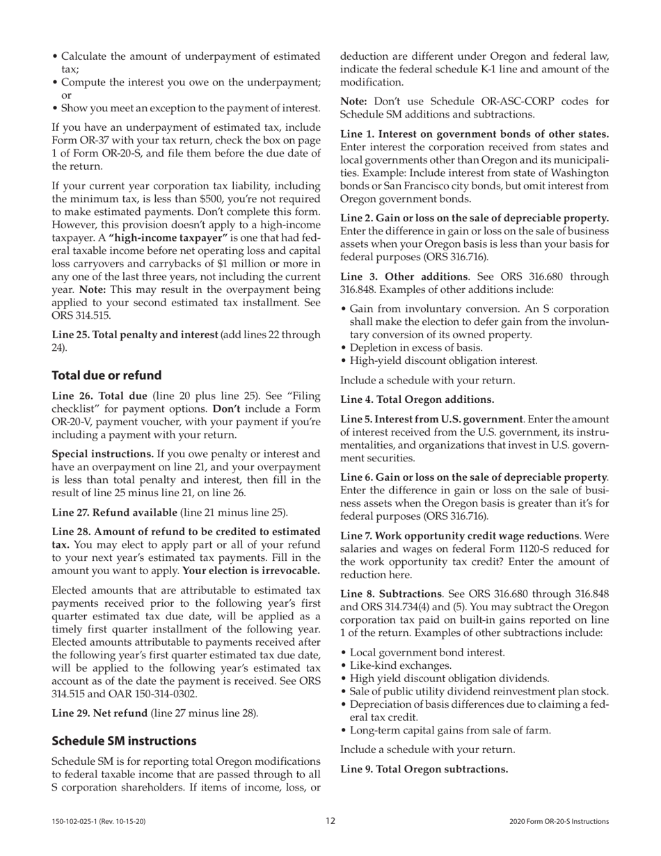 Download Instructions for Form OR-20-S, 150-102-025 Oregon S ...