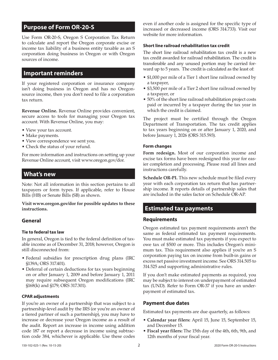 Download Instructions for Form OR-20-S, 150-102-025 Oregon S ...