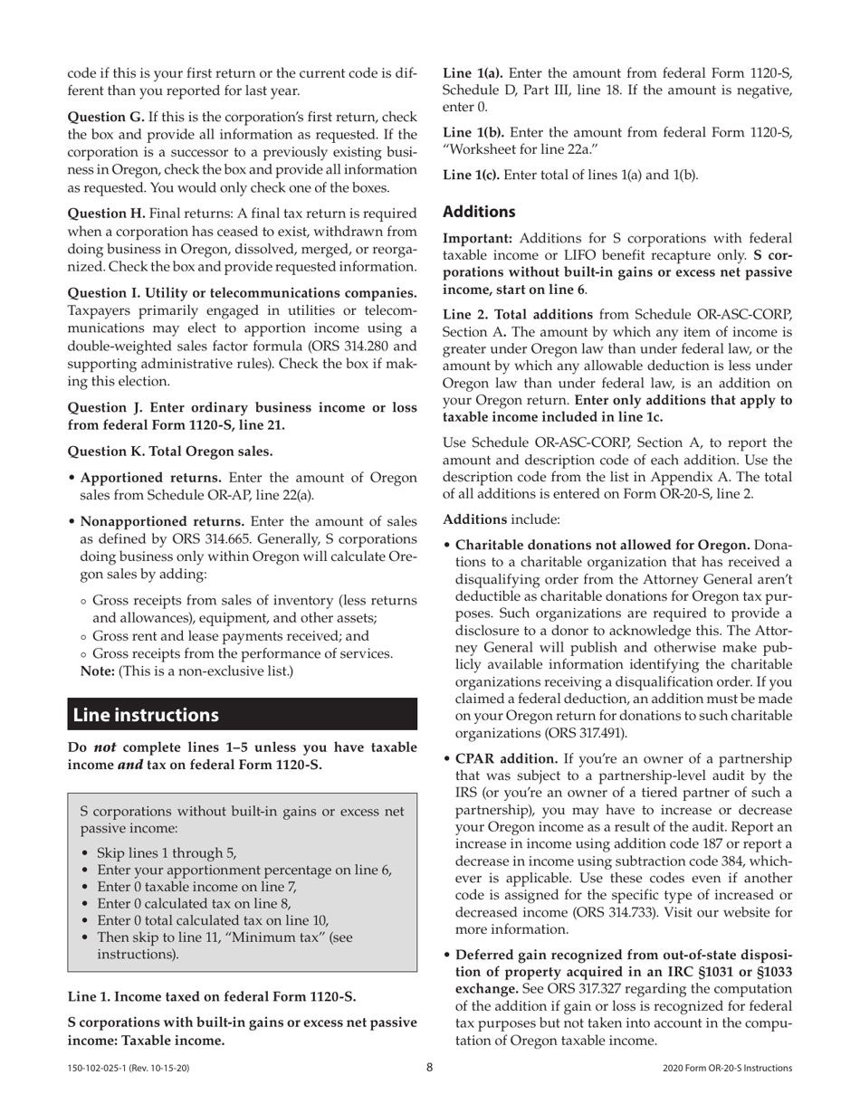 Download Instructions for Form OR-20-S, 150-102-025 Oregon S ...