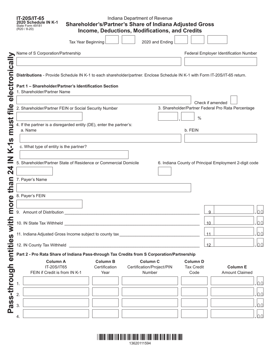 Form IT-20S (IT-65; State Form 49181) Schedule IN K-1 Download Fillable ...