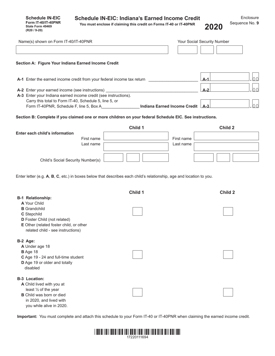 Form IT-40 (IT-40PNR; State Form 49469) Schedule IN-EIC Download ...