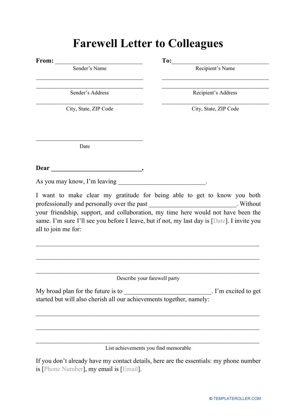 Farewell Letter to Colleagues Template Download Printable PDF ...