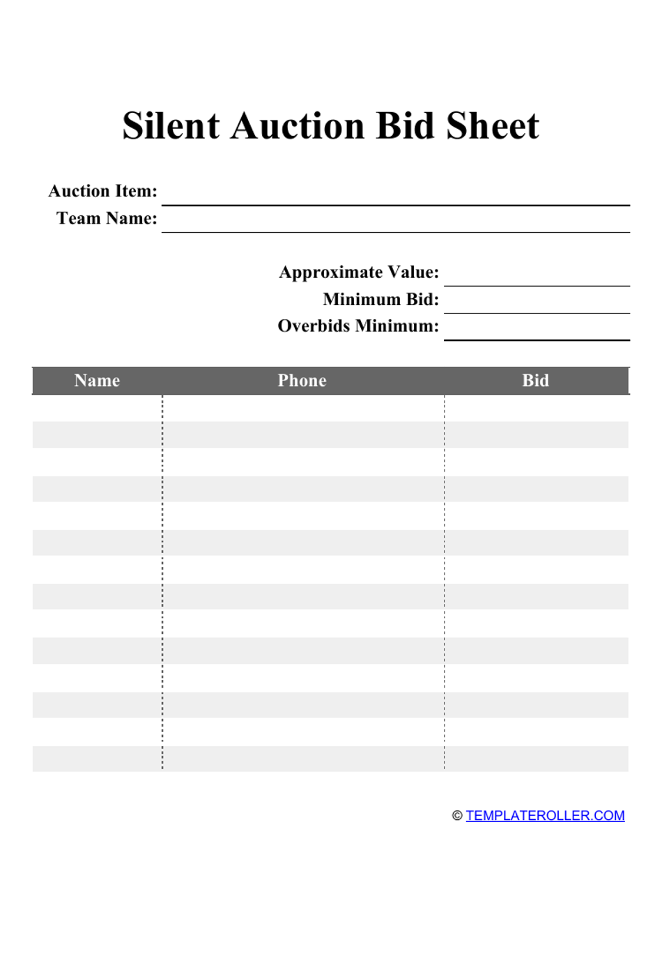 Silent Auction Bid Sheets Printable