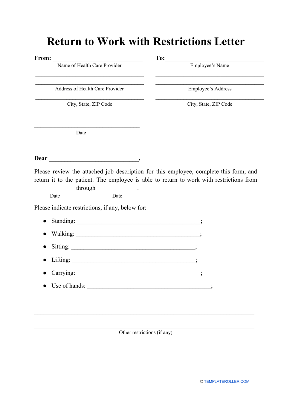 Return To Work With Restrictions Letter Template Download Printable PDF 