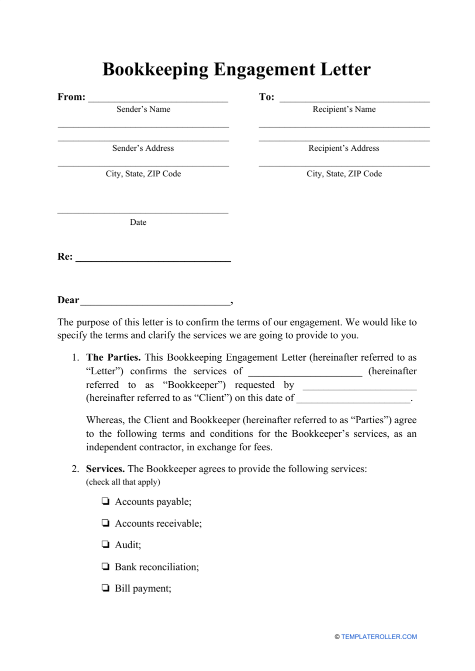 Bookkeeping Engagement Letter Template Download Printable PDF 