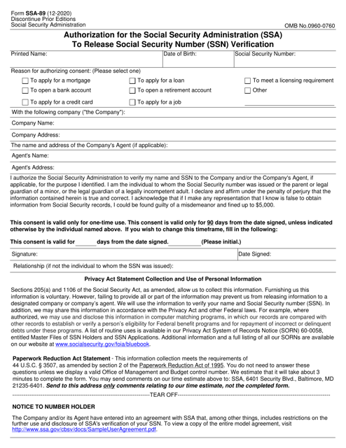 Form SSA 89 Download Fillable PDF Or Fill Online Authorization For The 