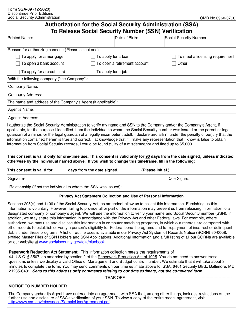 Form SSA 89 Download Fillable PDF Or Fill Online Authorization For The 