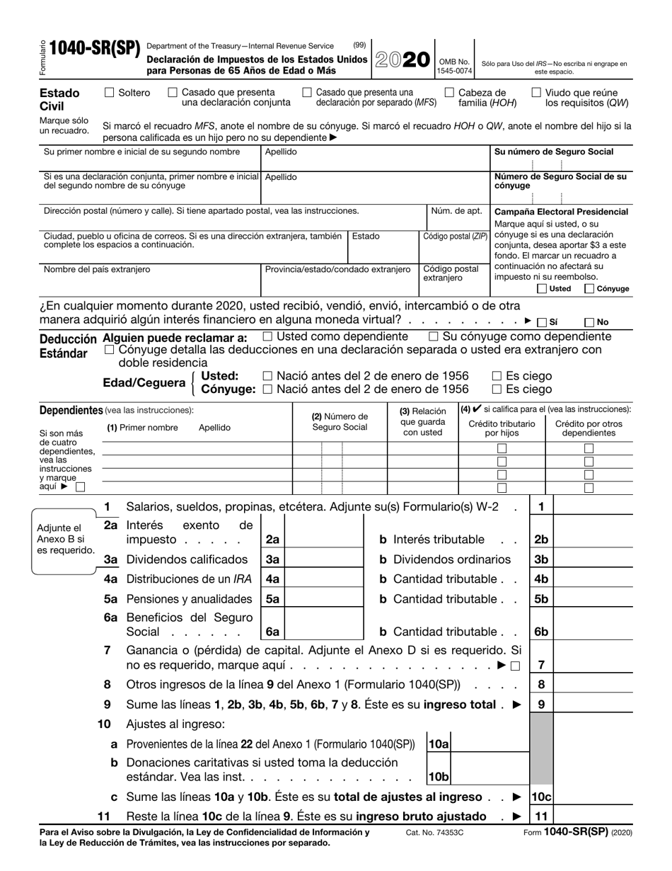 IRS Formulario 1040-SR(SP) - 2020 - Fill Out, Sign Online and Download ...