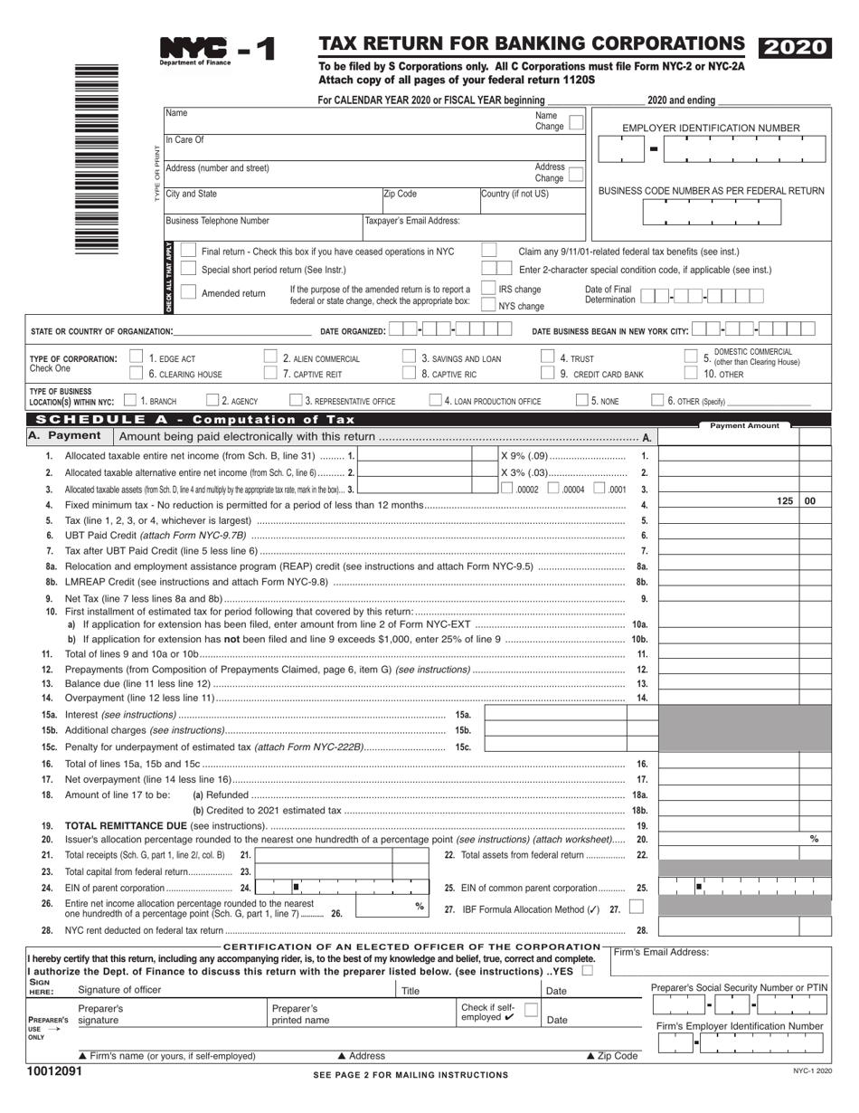 Form Nyc-1 Download Printable Pdf Or Fill Online Tax Return For Banking ...