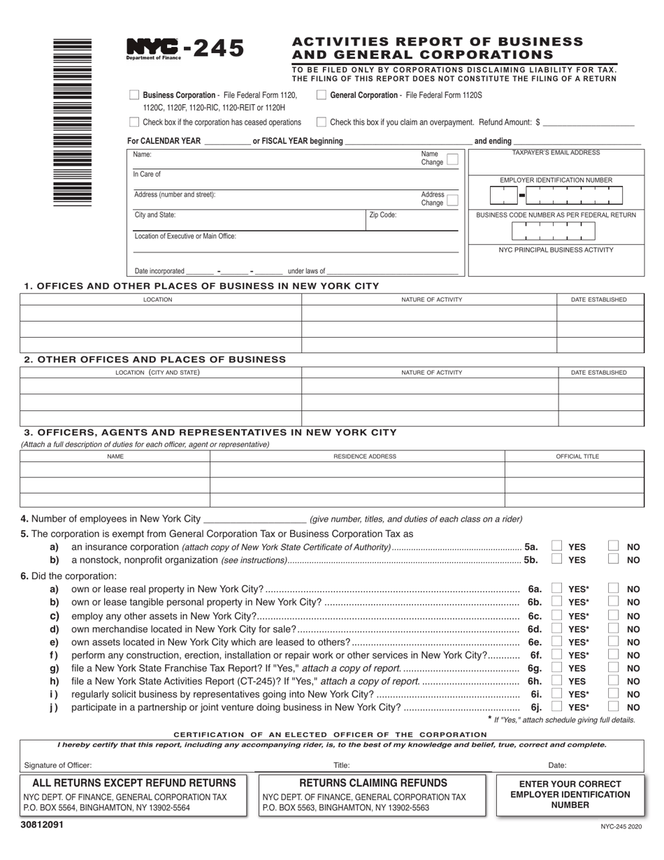 Form NYC-245 Download Printable PDF or Fill Online Activities Report of ...
