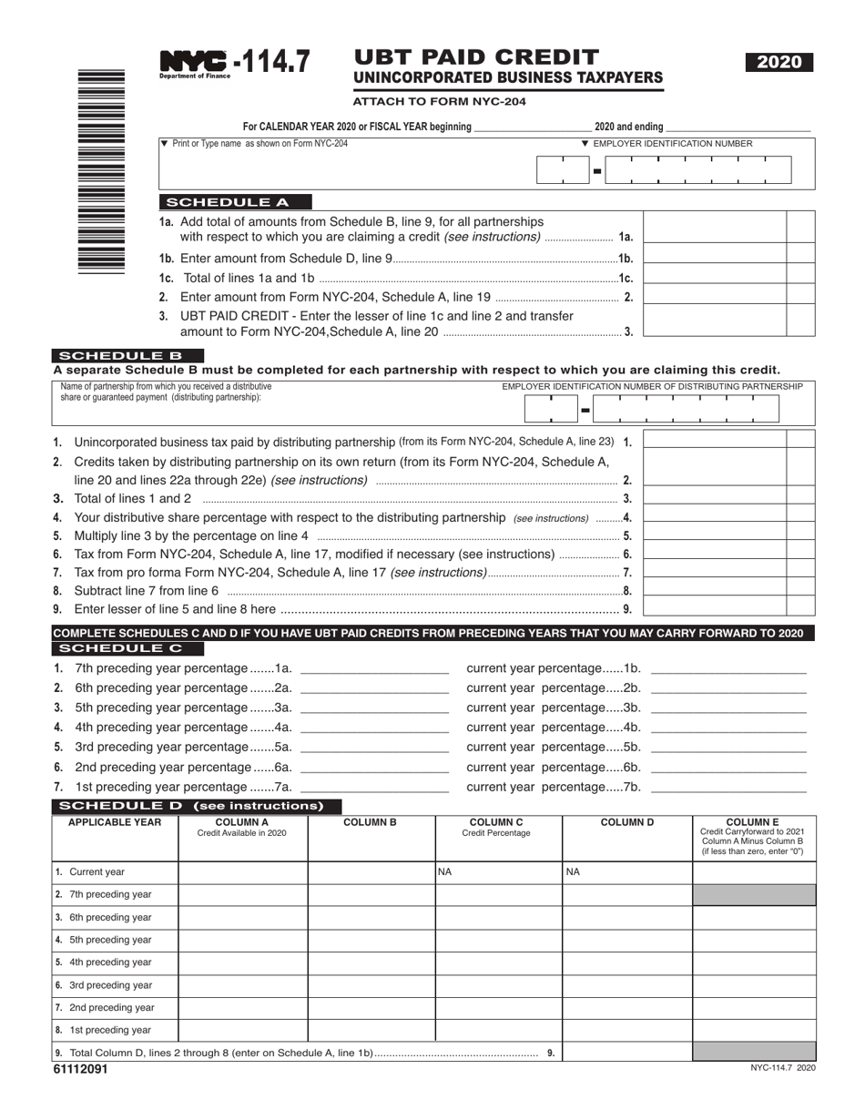Form NYC-114.7 Download Printable PDF or Fill Online Ubt Paid Credit ...