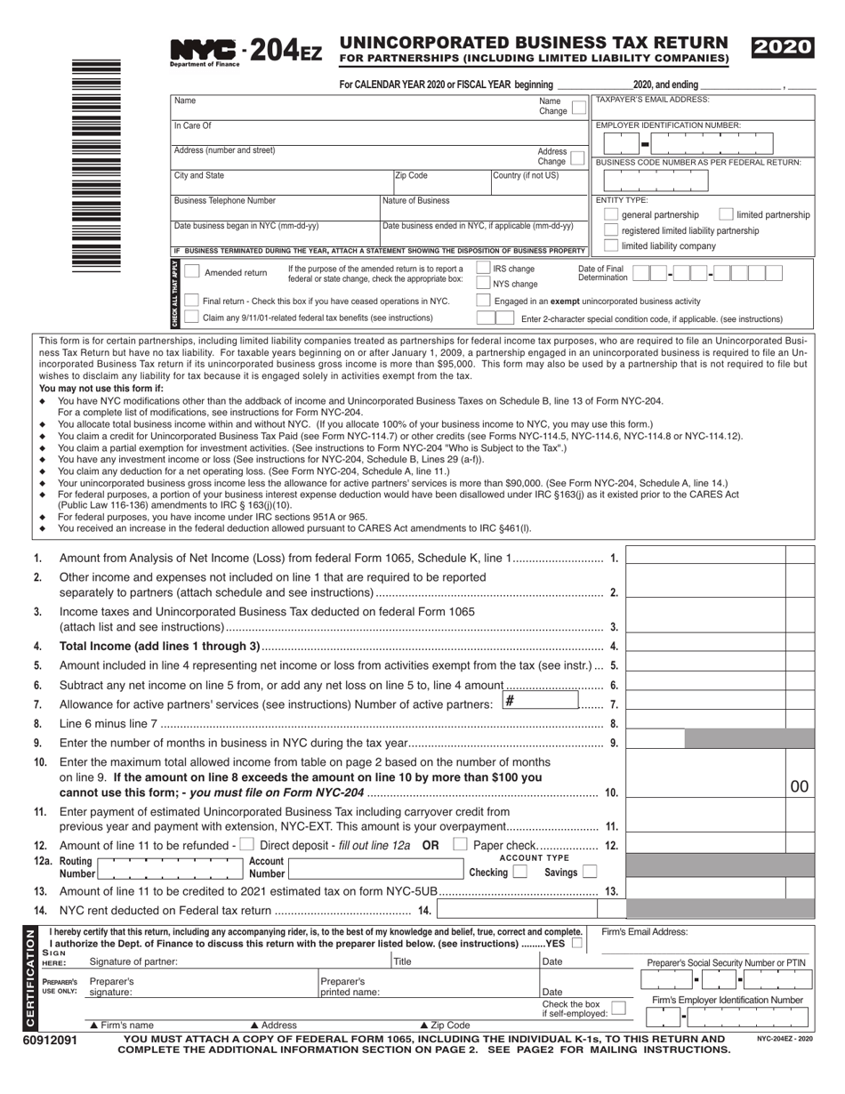 Form NYC-204EZ Download Printable PDF or Fill Online Unincorporated ...