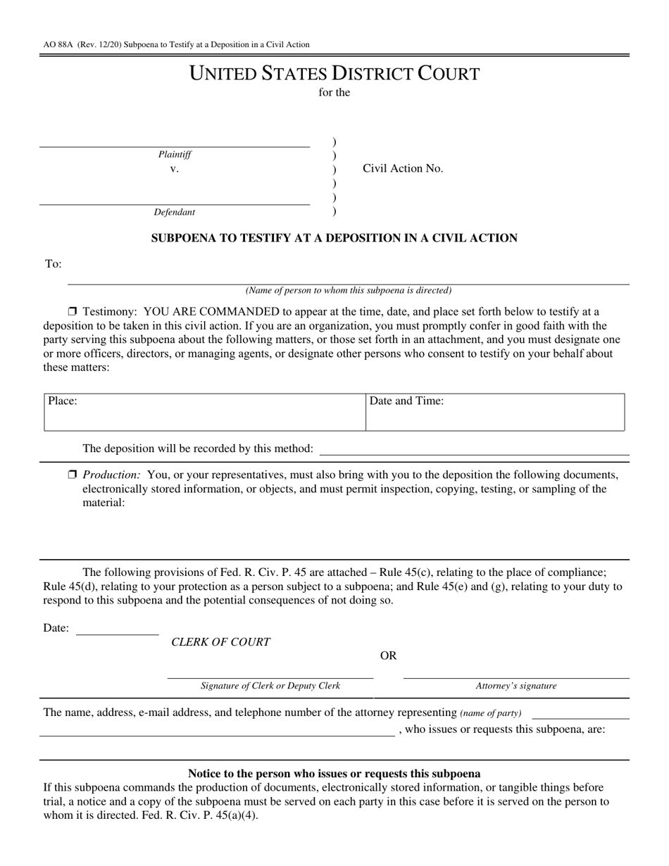 Form AO88A Download Fillable PDF or Fill Online Subpoena to Testify at ...