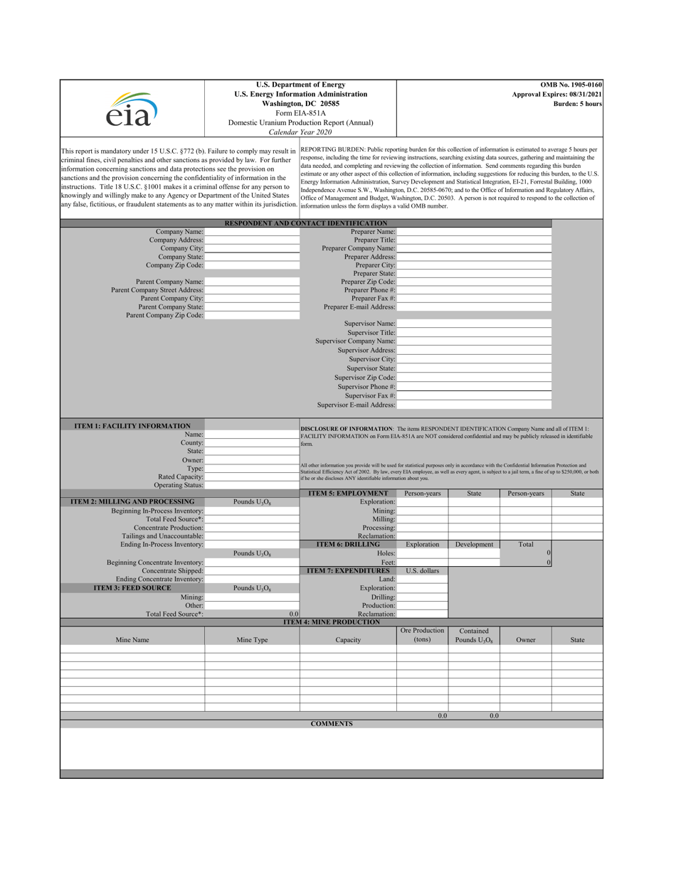 Form EIA-851A - 2020 - Fill Out, Sign Online and Download Printable PDF ...