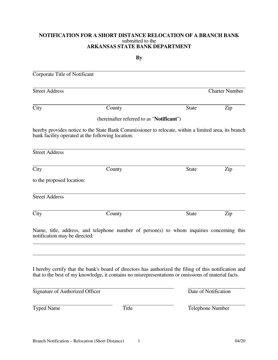 Arkansas Notification for a Short Distance Relocation of a Branch Bank ...