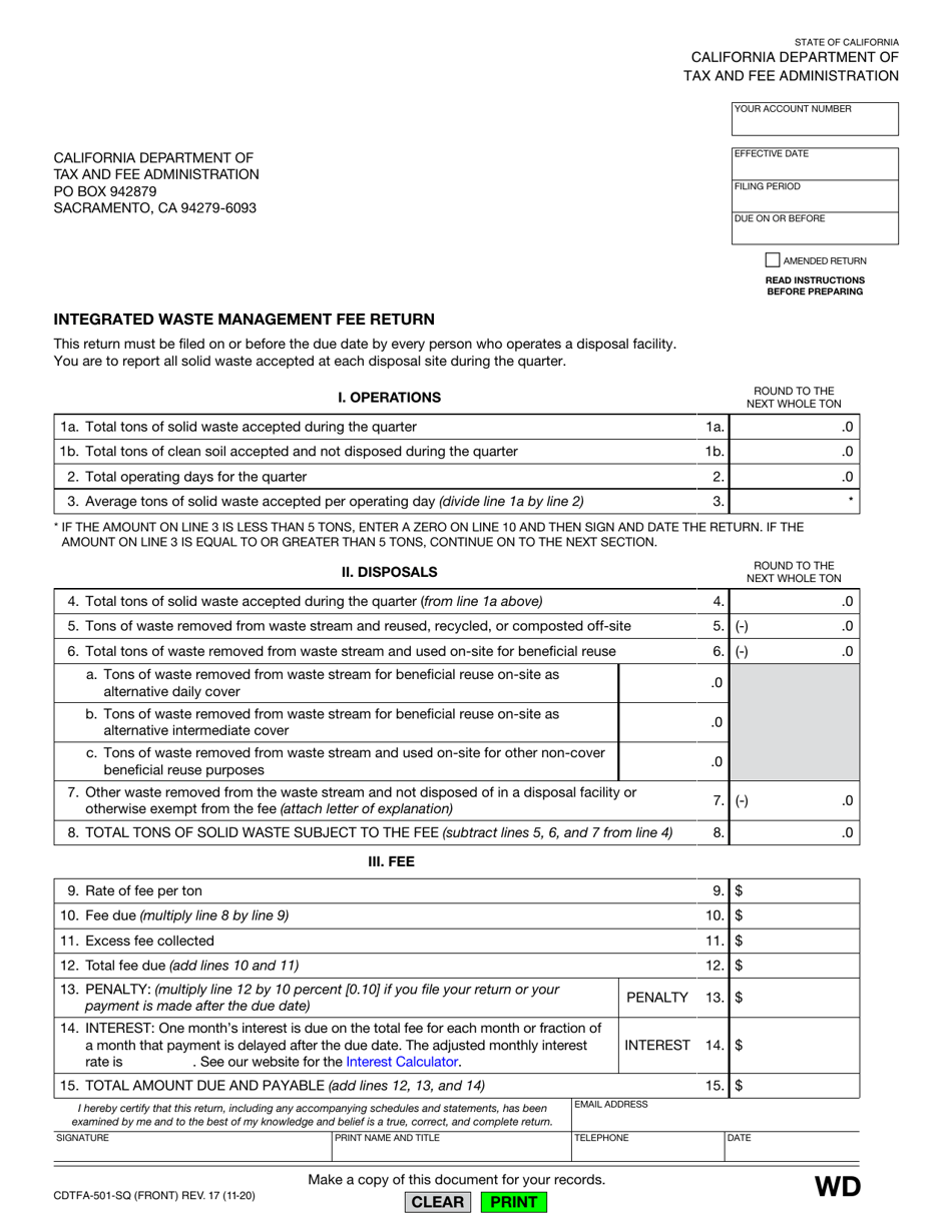 Form CDTFA-501-SQ Download Fillable PDF or Fill Online Integrated Waste ...
