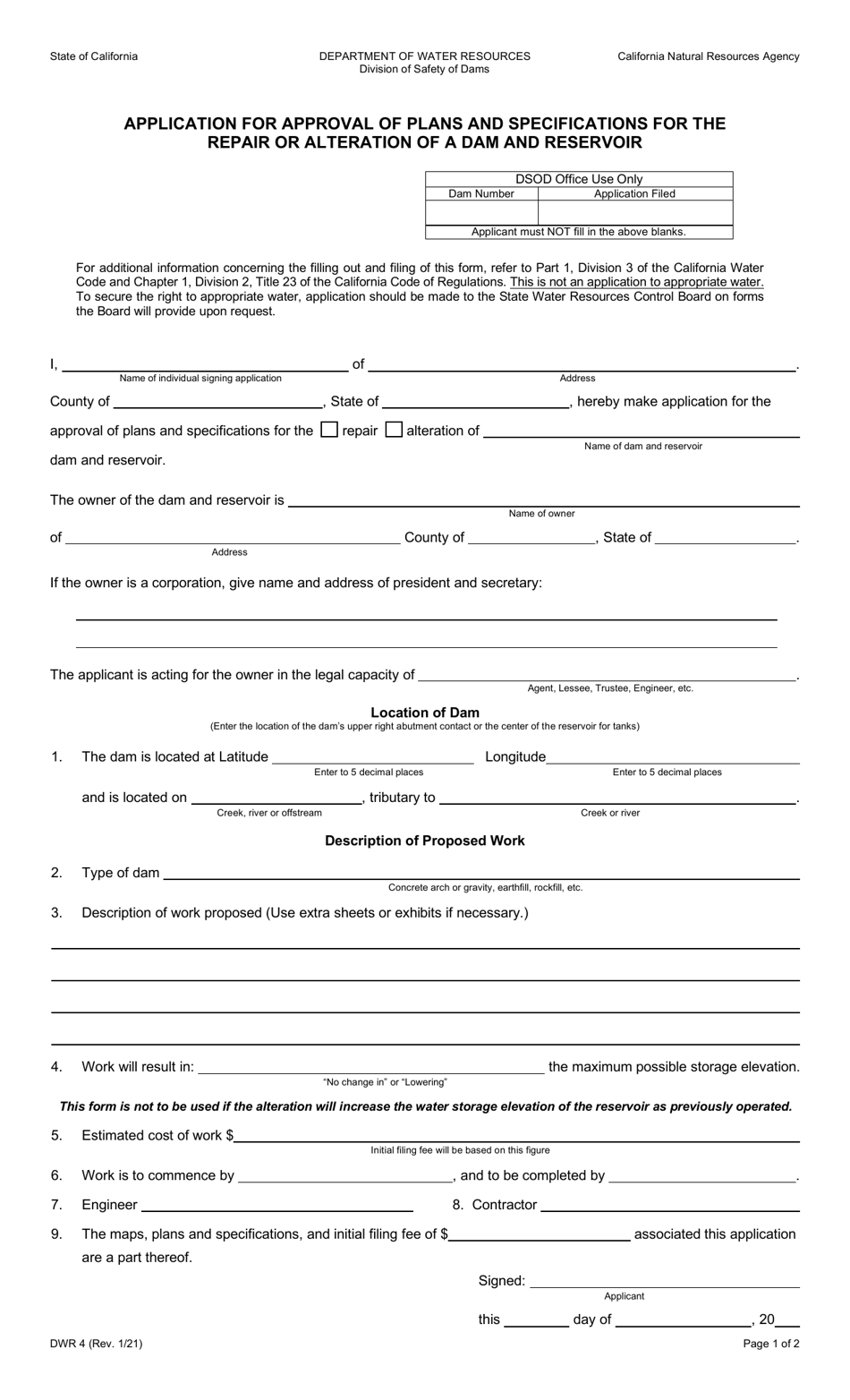 Form DWR4 Download Fillable PDF or Fill Online Application for Approval ...